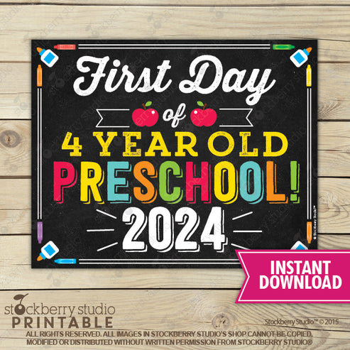 First Day of 4 year old Preschool Sign Printable Instant Download ...